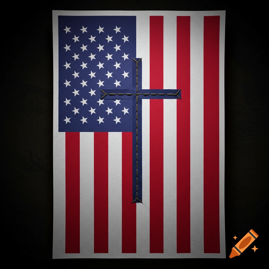 An American flag with a dark blue cross stitched onto the blue field ...
