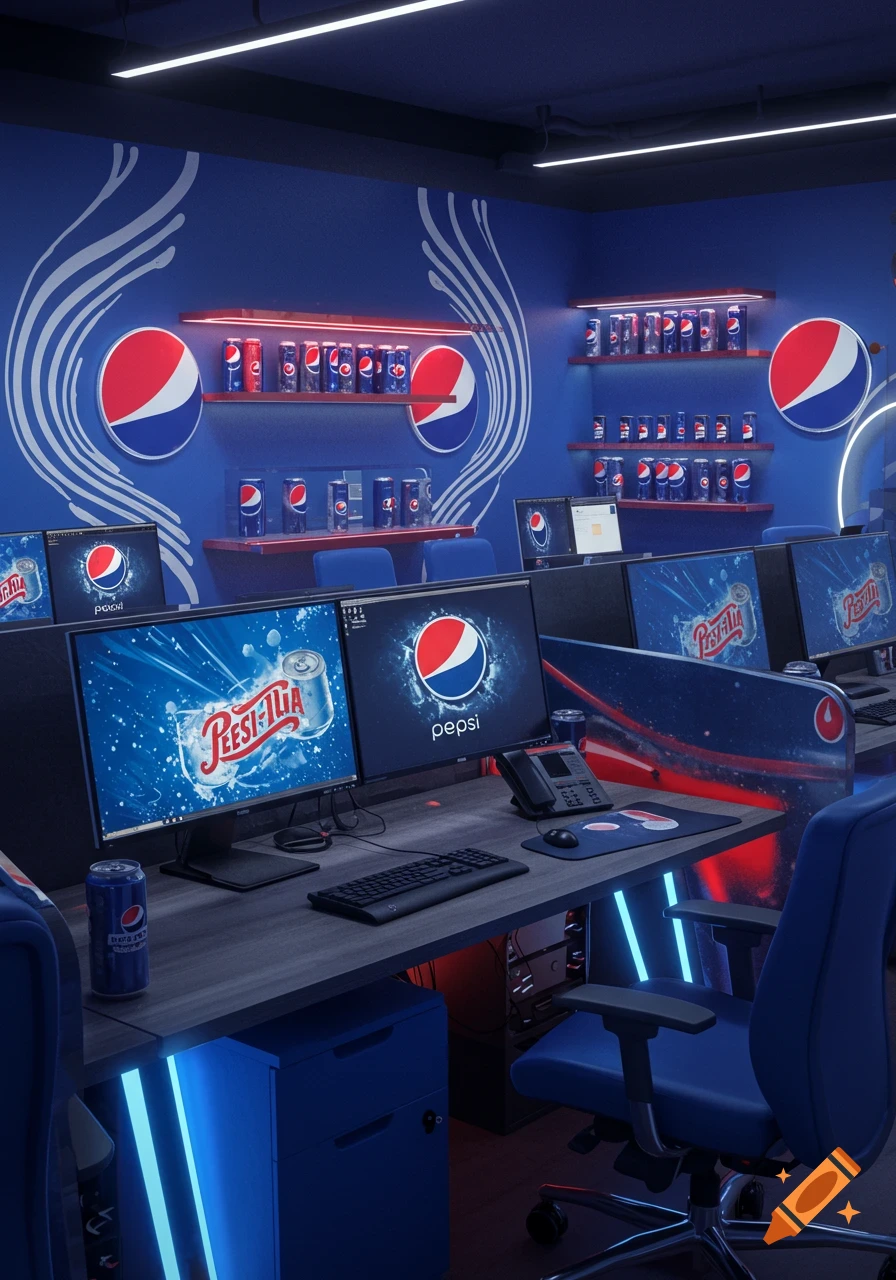 A modern office space decorated with Pepsi branding, including ...