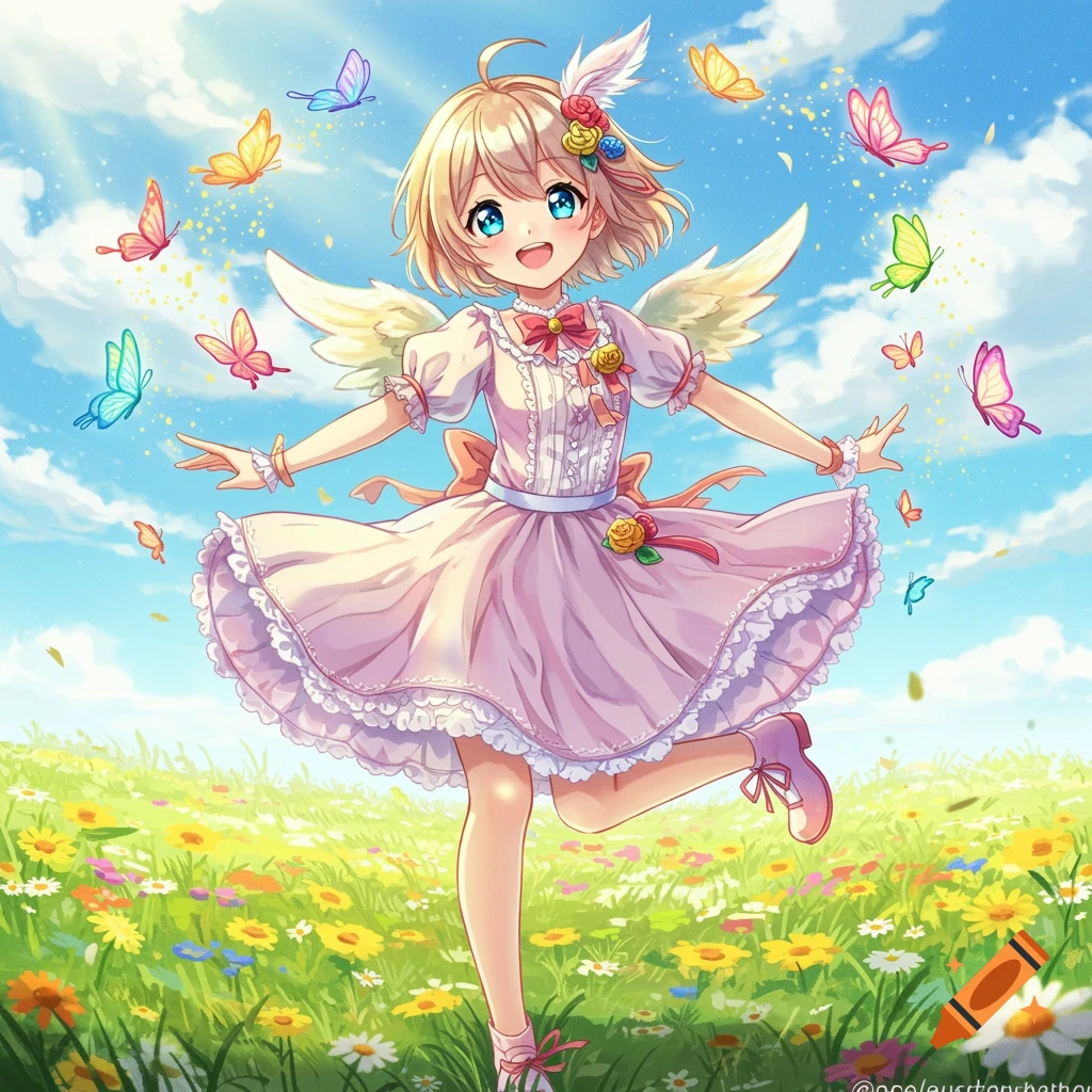 Happy anime girl with angel wings standing in a sunny field of colorful ...
