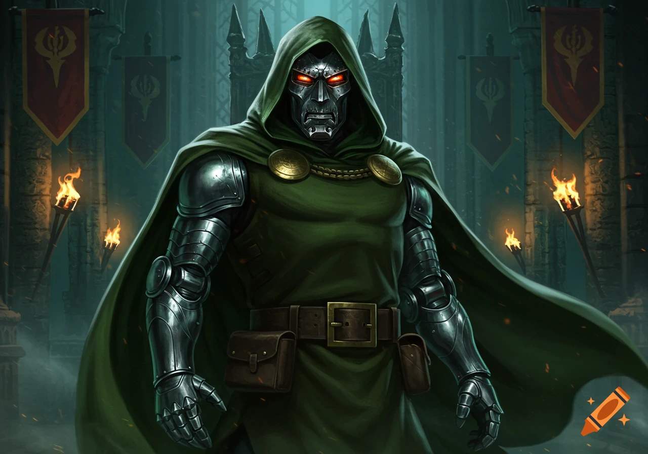 Doctor Doom in a metallic mask, green hooded cloak, and armored suit ...