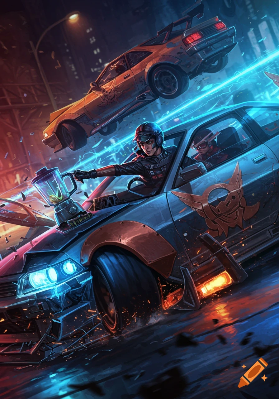 Two drivers in stylized cars racing through a city at night, one car ...