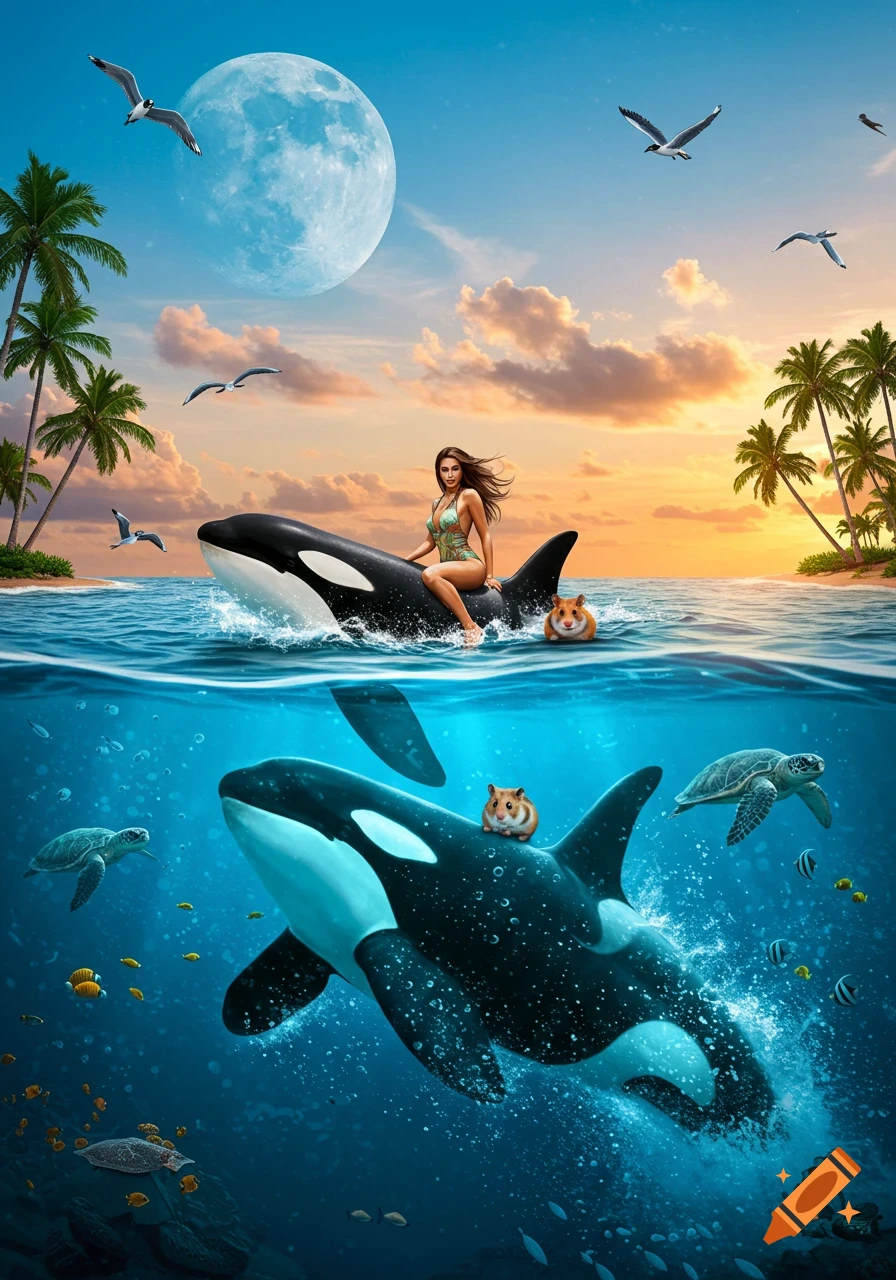 An orca leaps from deep blue water at sunset, surrounded by glowing ...