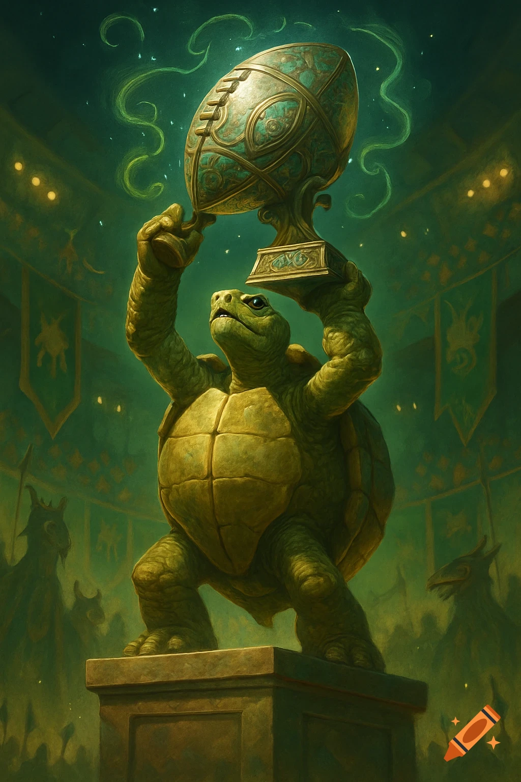 A strong, bipedal turtle raises a large, ornate fantasy football trophy ...