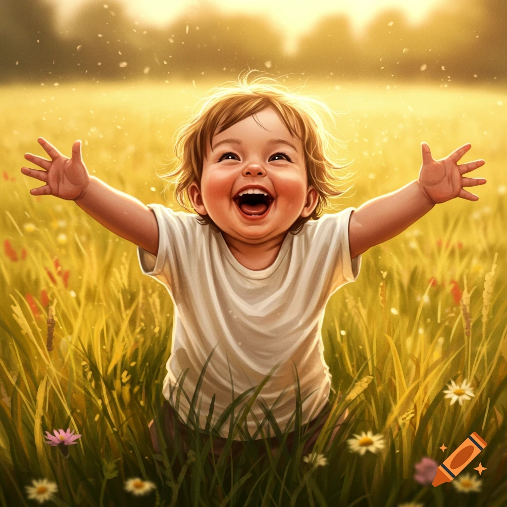 A happy child with arms outstretched stands in a sunny field of tall ...