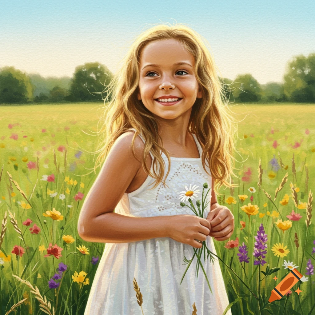 A smiling girl with long blonde hair holds a bouquet of wildflowers in ...