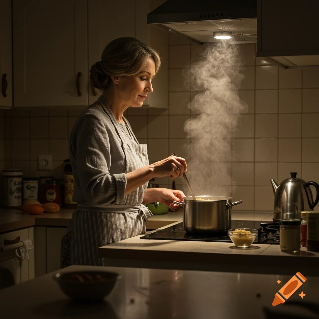 A middle-aged woman stirs a steaming pot on an electric hob in a dimly ...