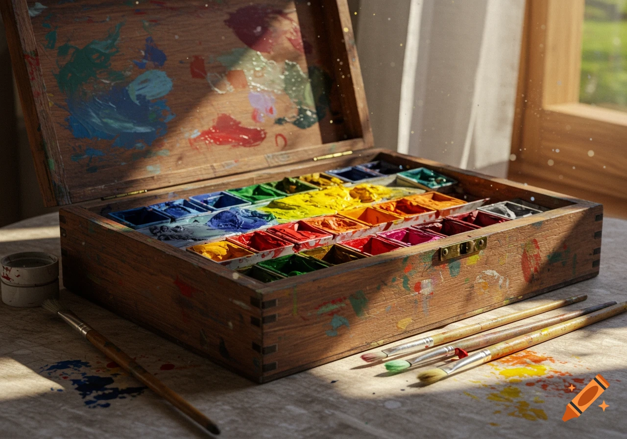 An open wooden paint box filled with vibrant watercolors and several ...