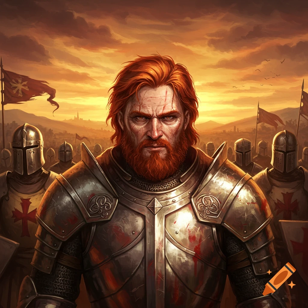 Christian warrior with sword beside lion and cross background on Craiyon