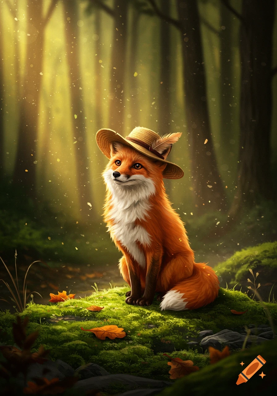A cute, fluffy orange fox wearing a brown top hat with a purple ribbon ...