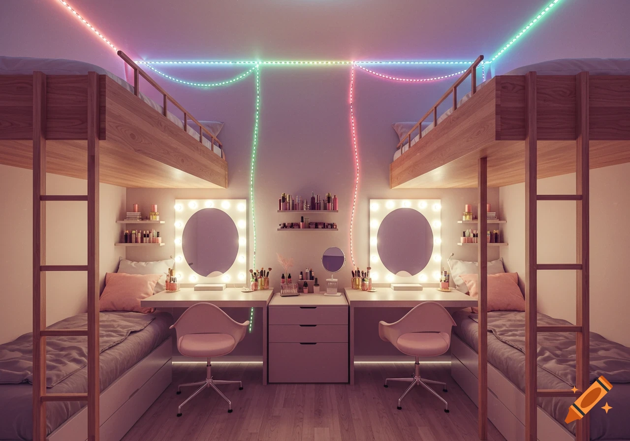 Photorealistic image of a modern shared bedroom with two wooden loft ...