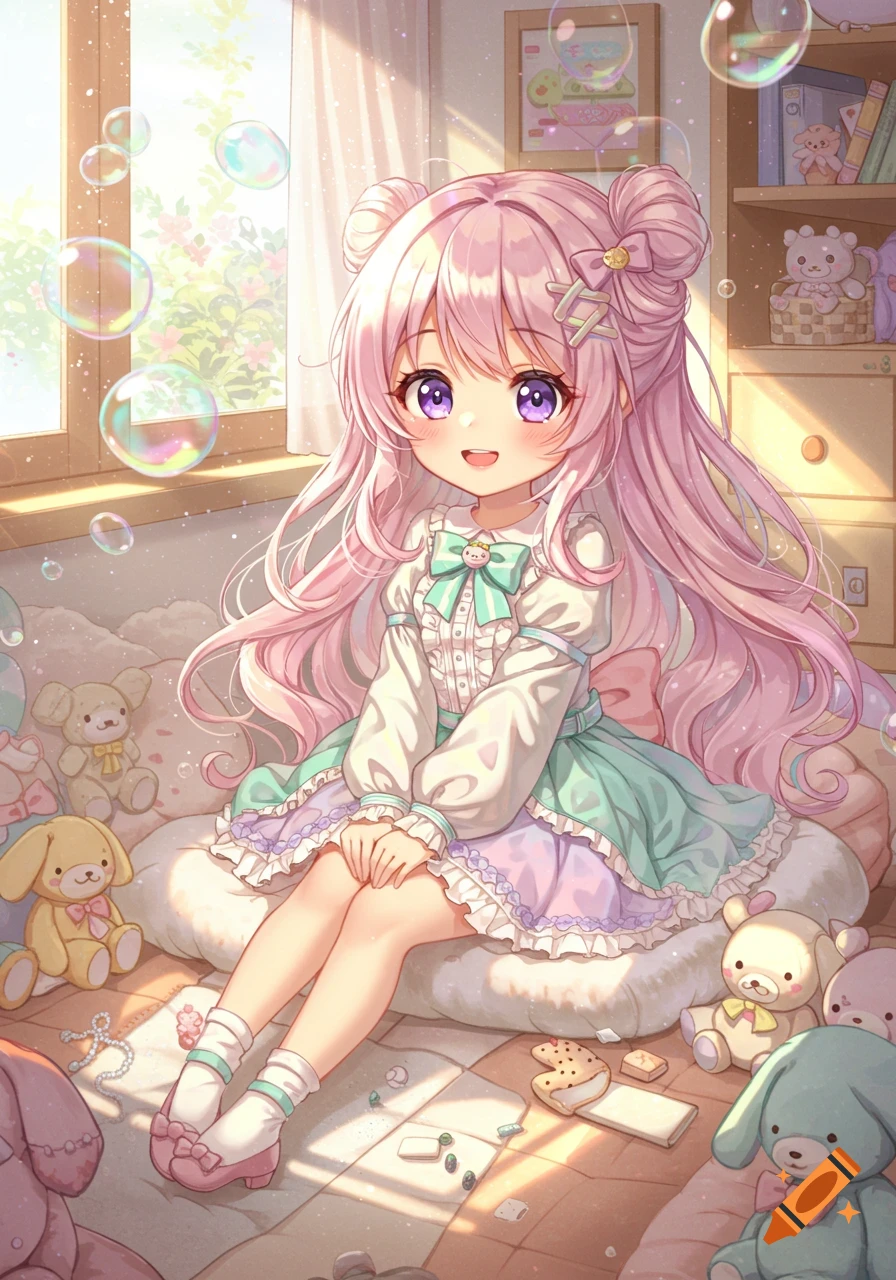 A cute anime chibi girl with pink hair sits at a table, holding a ...