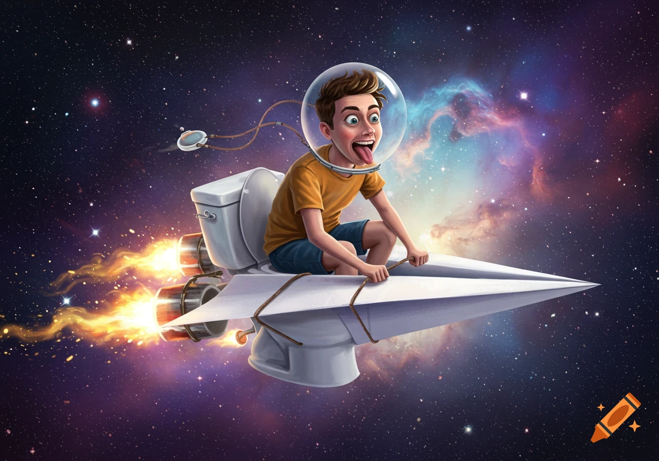 A cartoon man with wide eyes and tongue out, wearing a space helmet ...