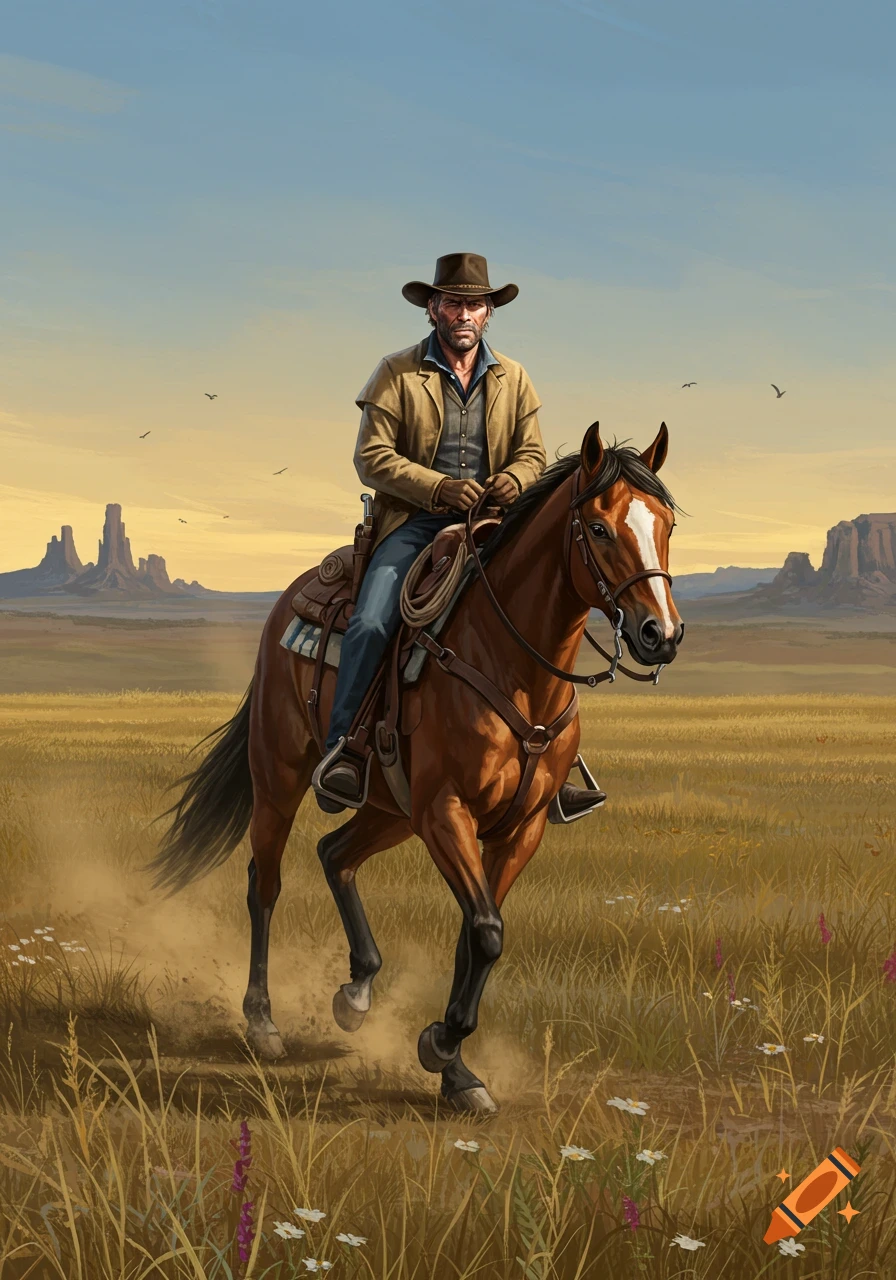 A rugged cowboy rides a brown horse through a dusty, golden Western ...