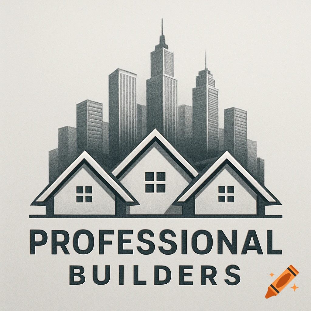 A monochrome logo with three stylized house roofs and skyscrapers, text ...