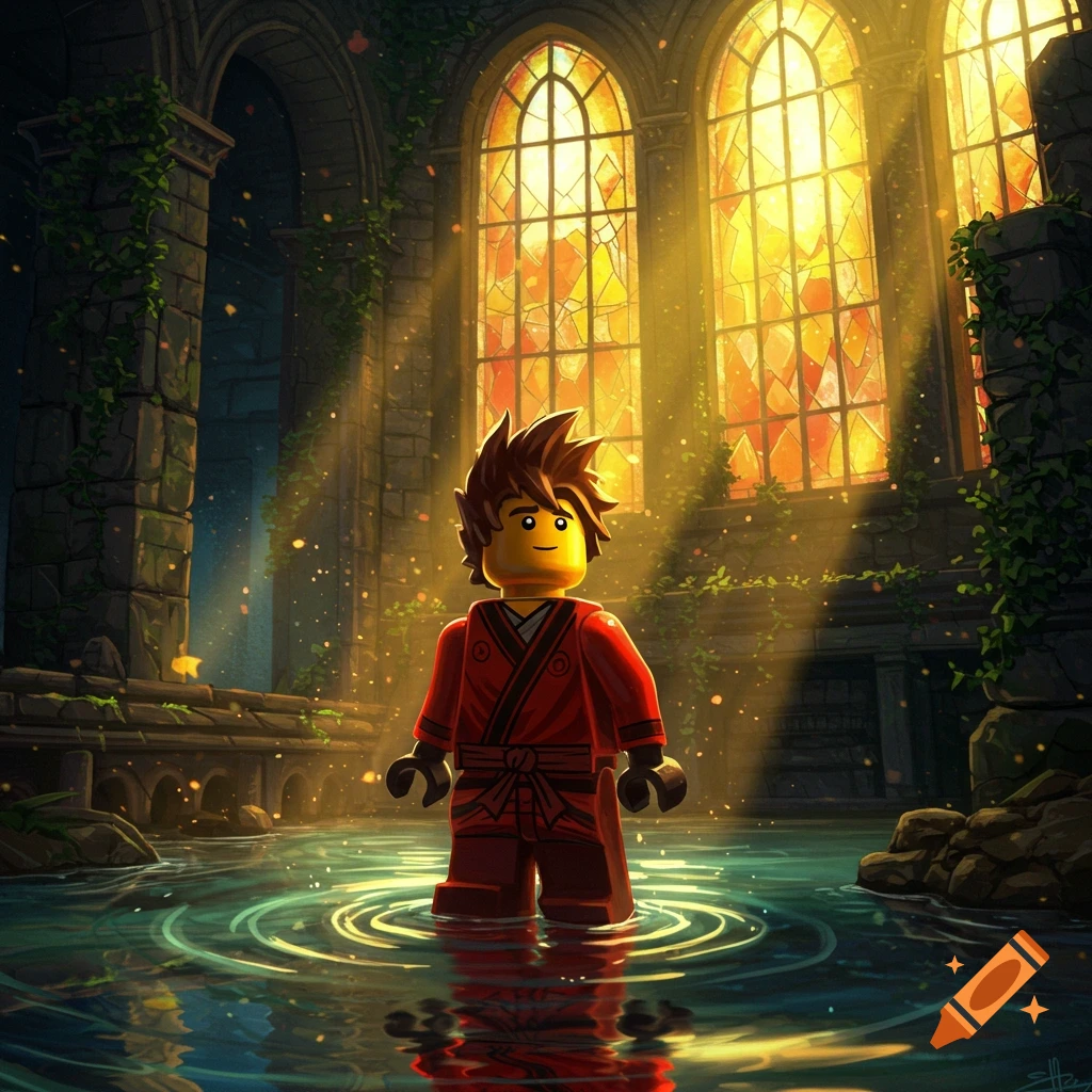 A Lego Kai character in a red gi stands in a shallow pool inside a ...