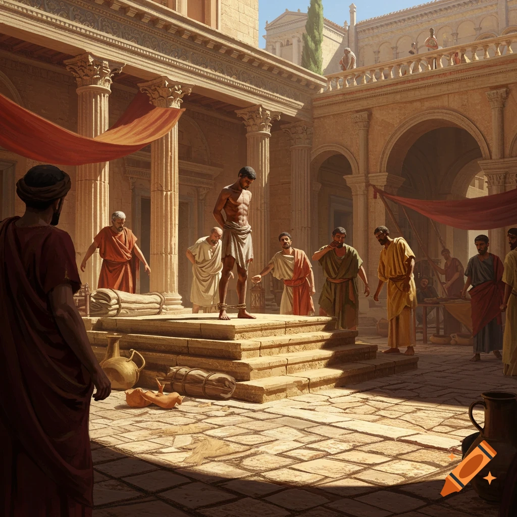 A shirtless man on a raised platform in a sunlit Roman courtyard ...