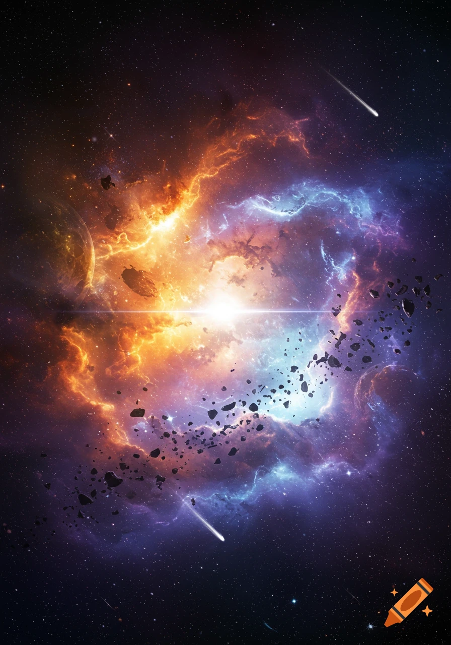 Vibrant cosmic explosion with a central orange and blue eye-like nebula ...