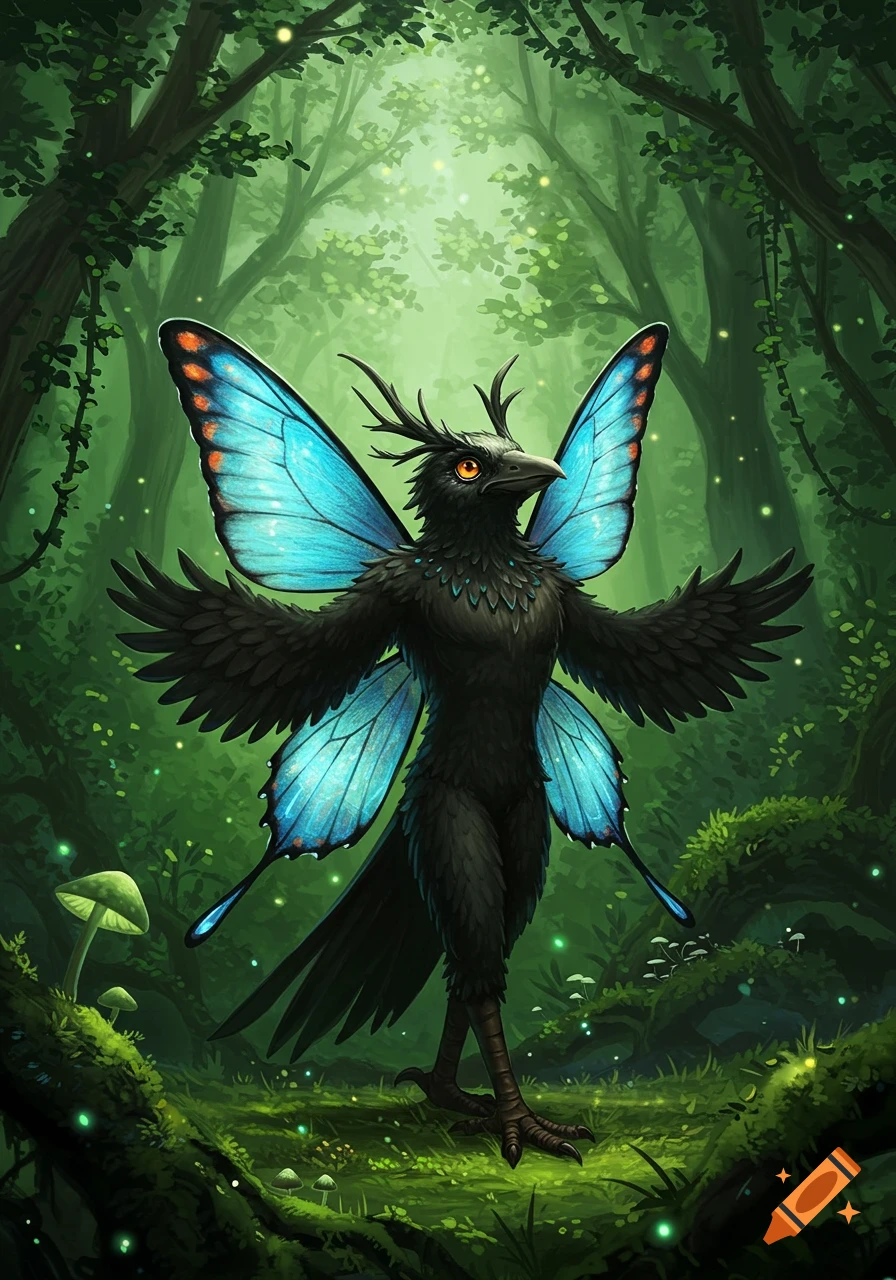 A male fairy with luminous green wings and antlers stands in an ...