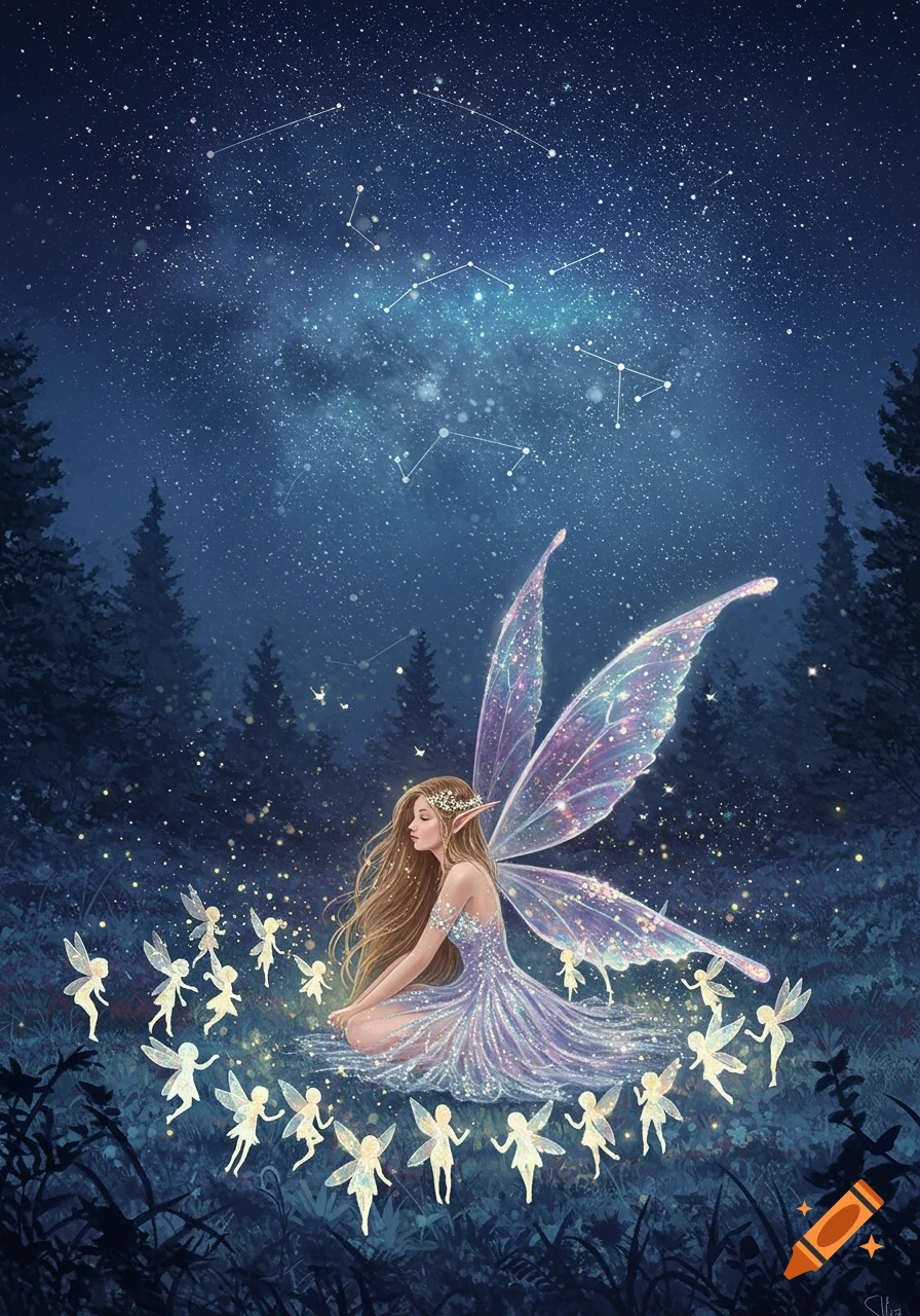 A beautiful fairy with glowing wings sits surrounded by smaller fairies ...