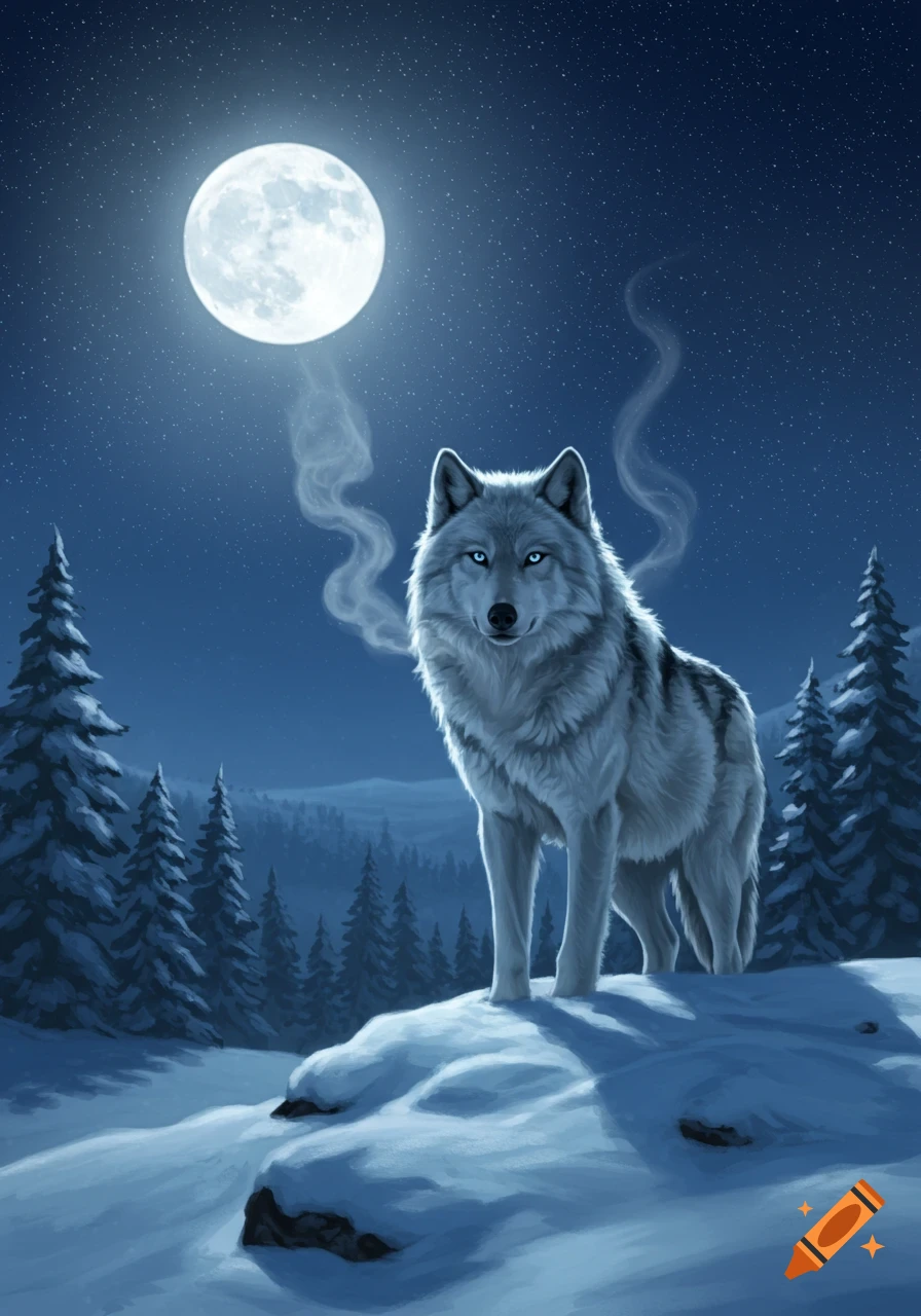 A majestic white wolf stands on a snow-covered mountain peak under a ...