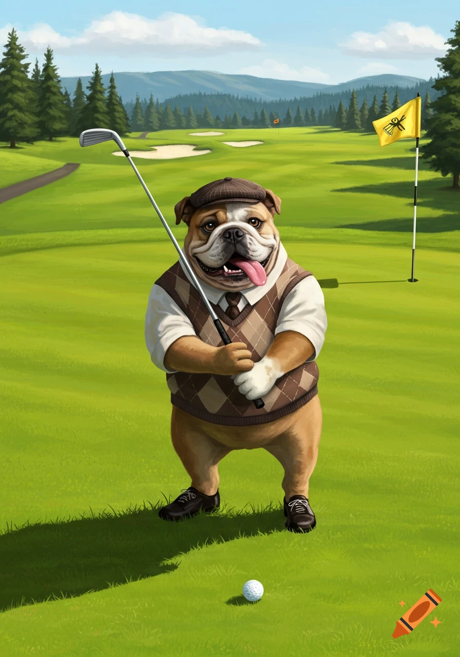 A golden retriever in golf attire swings a club on a golf course at ...