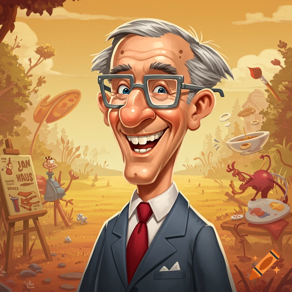 Smiling elderly man in a brown jacket holds books on a leaf-strewn path ...