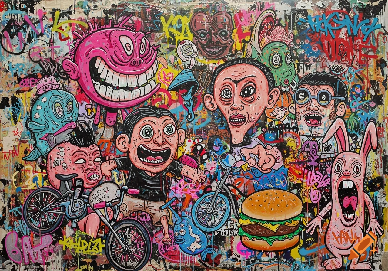 High-energy mixed-media street art painting with distorted, cartoonish ...