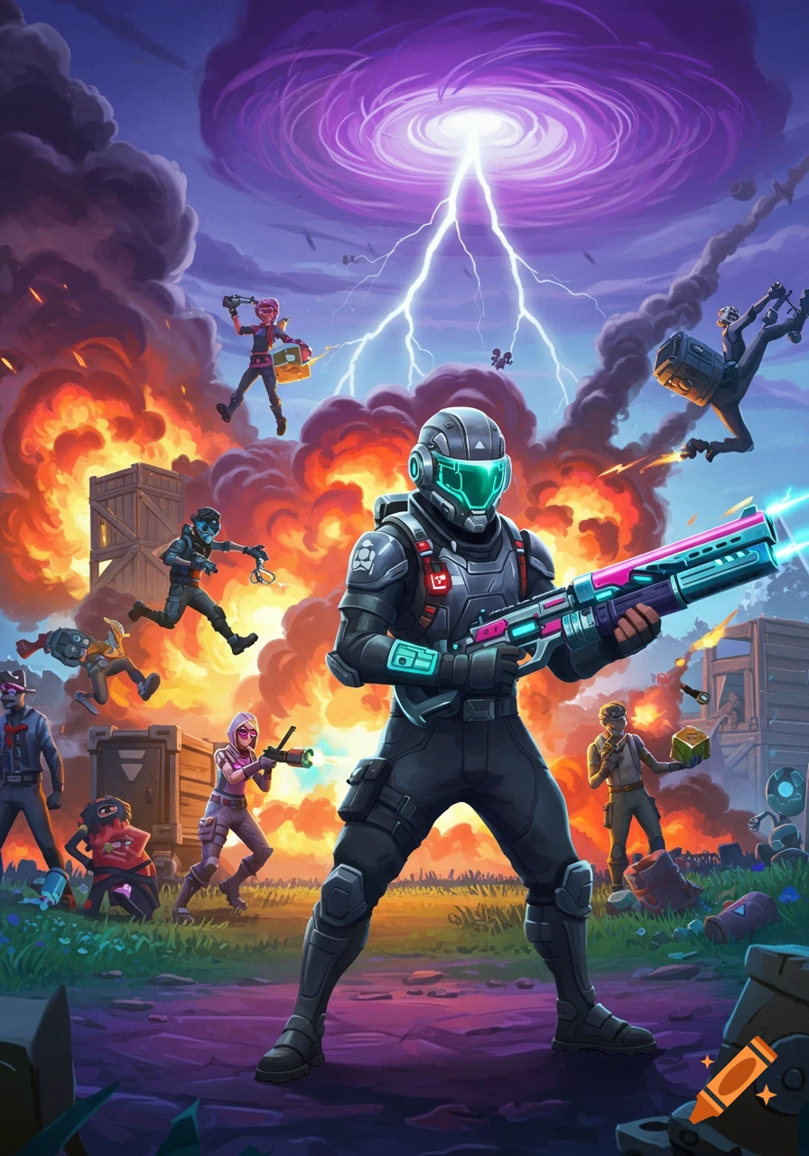 A vibrant, stylized battle scene with futuristic soldiers in a natural ...