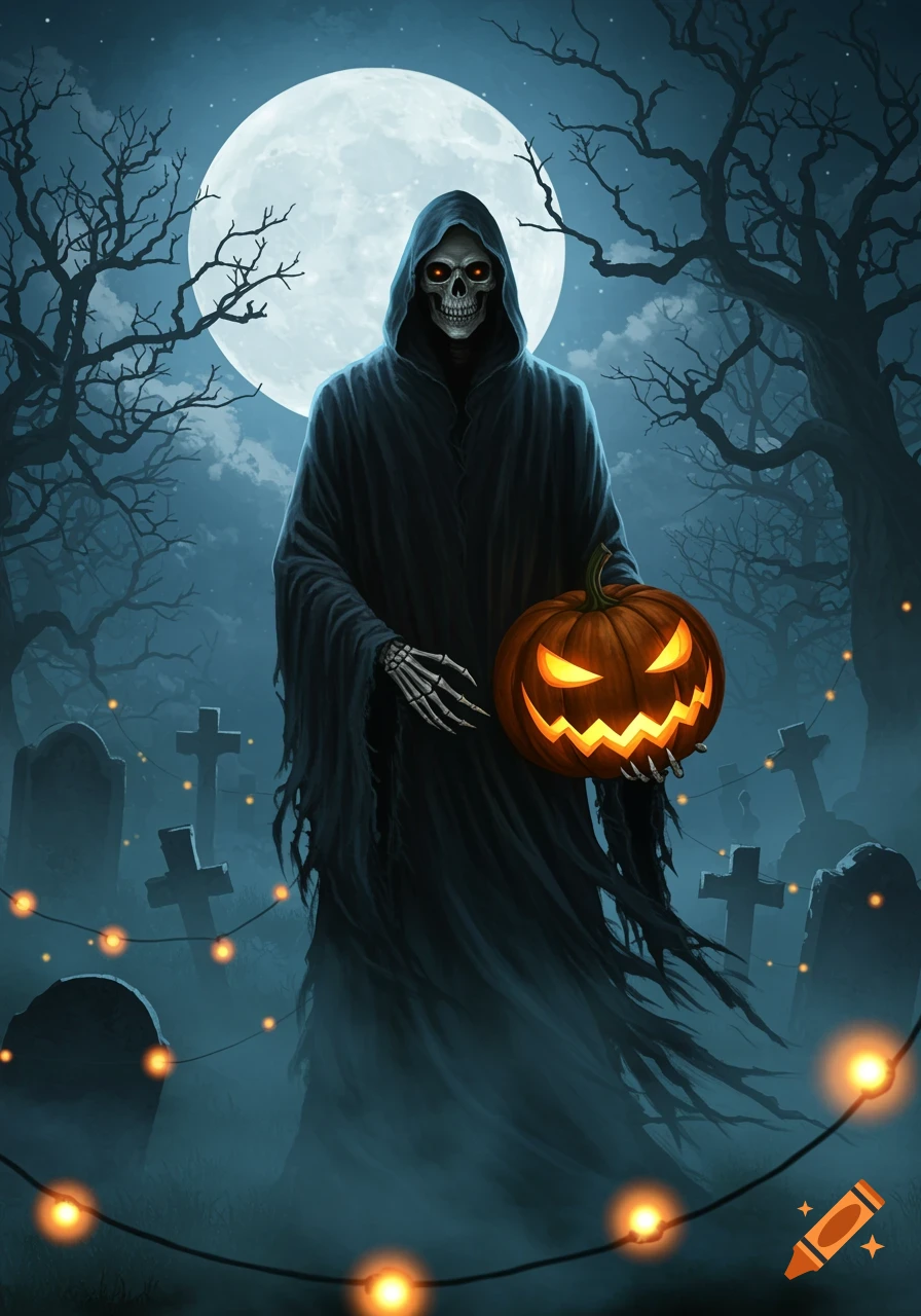 A grim reaper fishes for glowing jack-o'-lanterns in a spooky pond ...