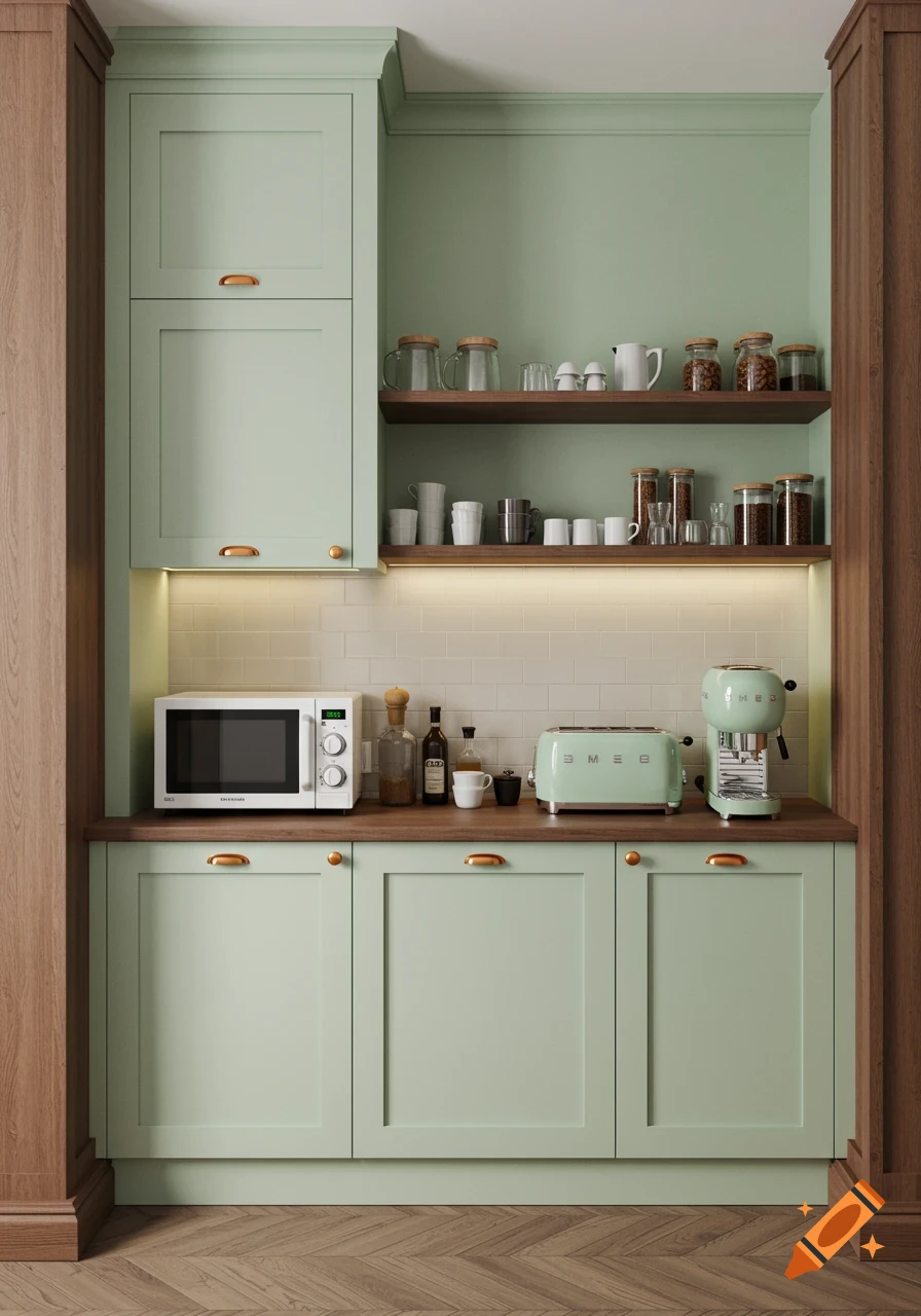 Photorealistic split kitchen with a rustic side featuring a brick oven ...