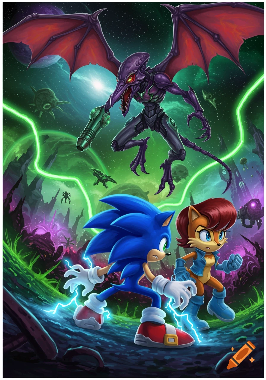 Vibrant digital illustration of Sonic the Hedgehog and Sally Acorn ...