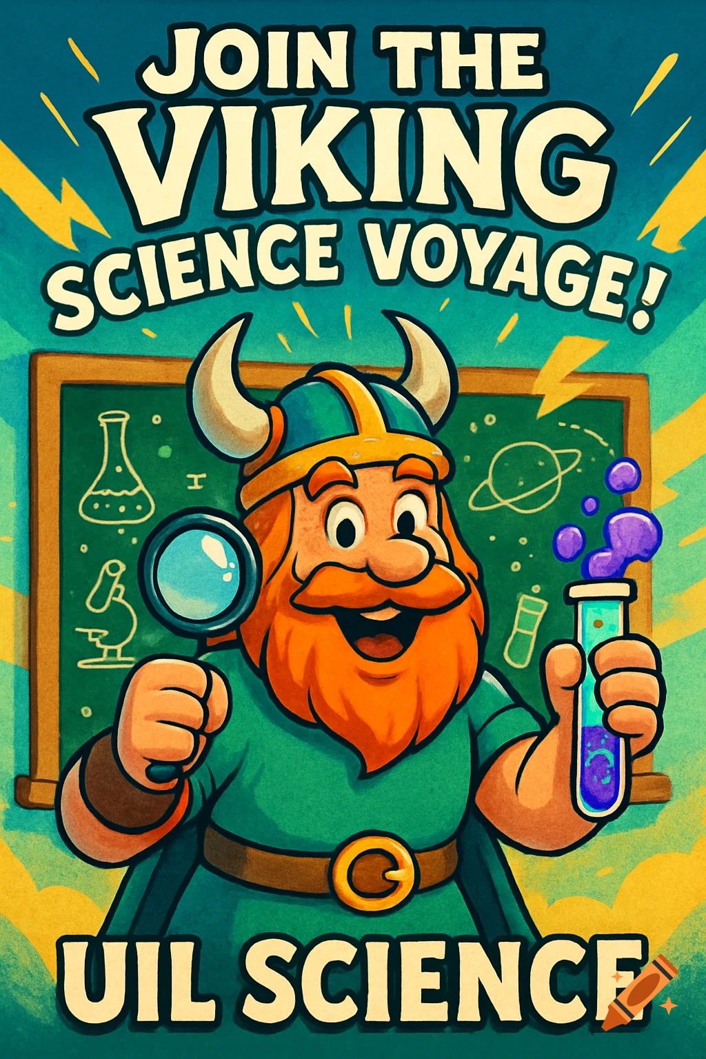 A cartoon Viking mascot holding a magnifying glass and a test tube in ...