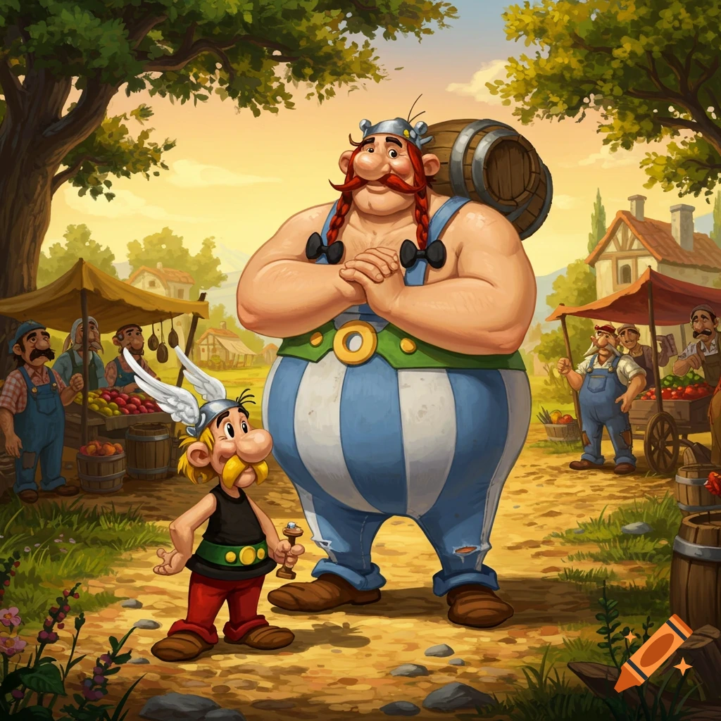 Asterix and Obelix, the iconic comic characters, are depicted in a ...