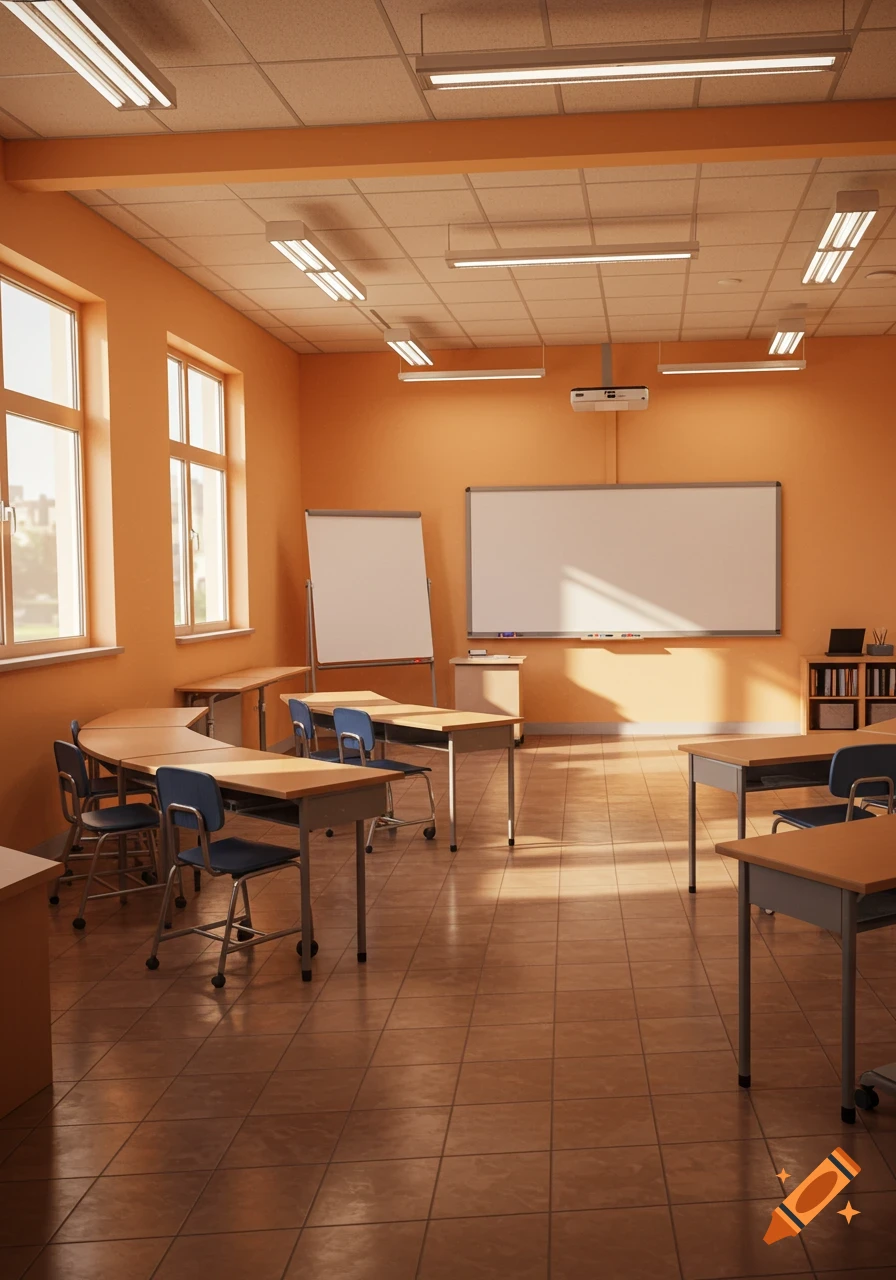 An empty high school classroom with peach walls, tile flooring ...