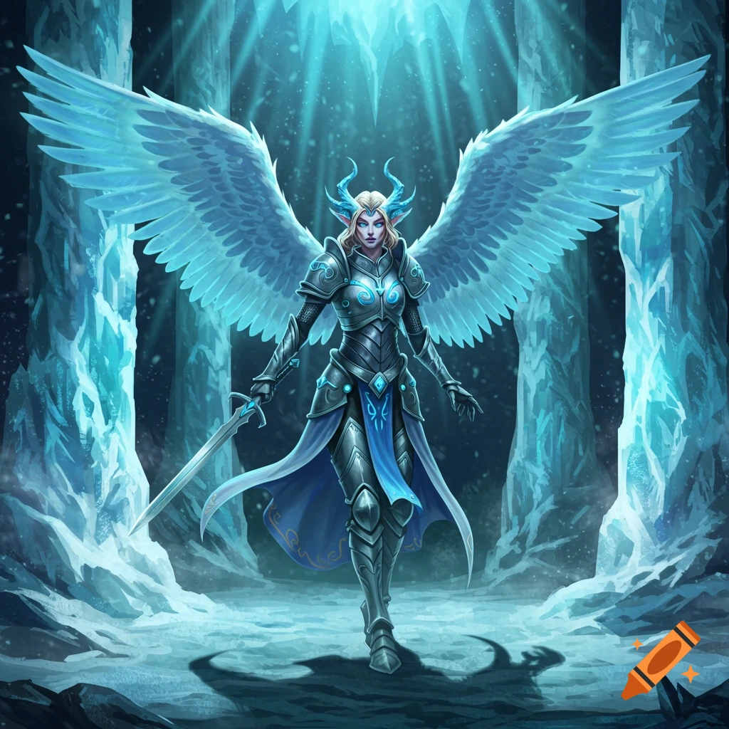 A female ice angel warrior with large blue wings, armor, and a sword ...