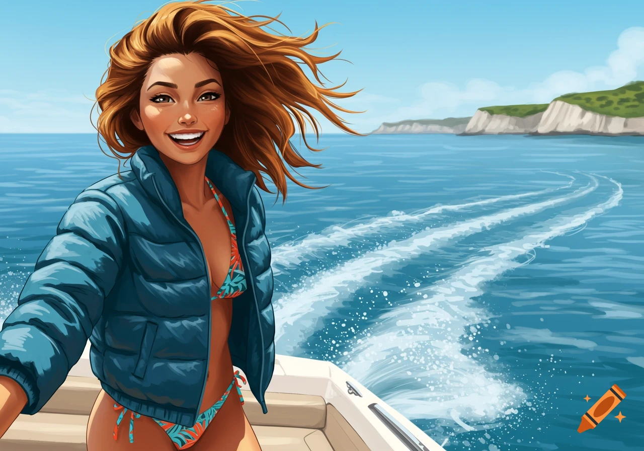 Smiling woman in blue jacket and bikini on a speedboat, with windswept ...
