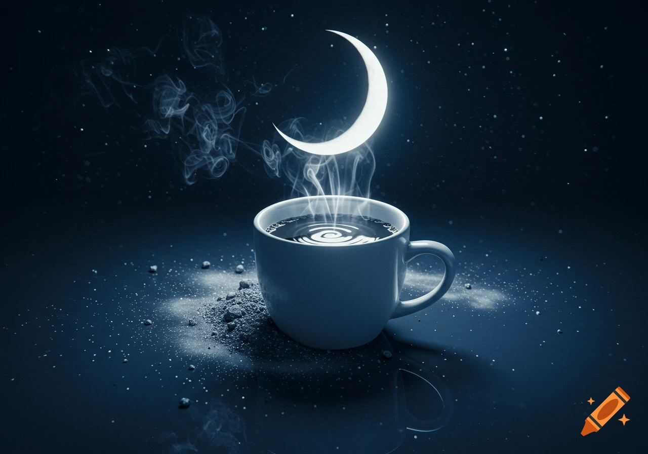 A steamy cup under a glowing crescent moon in a dark, starry night sky ...