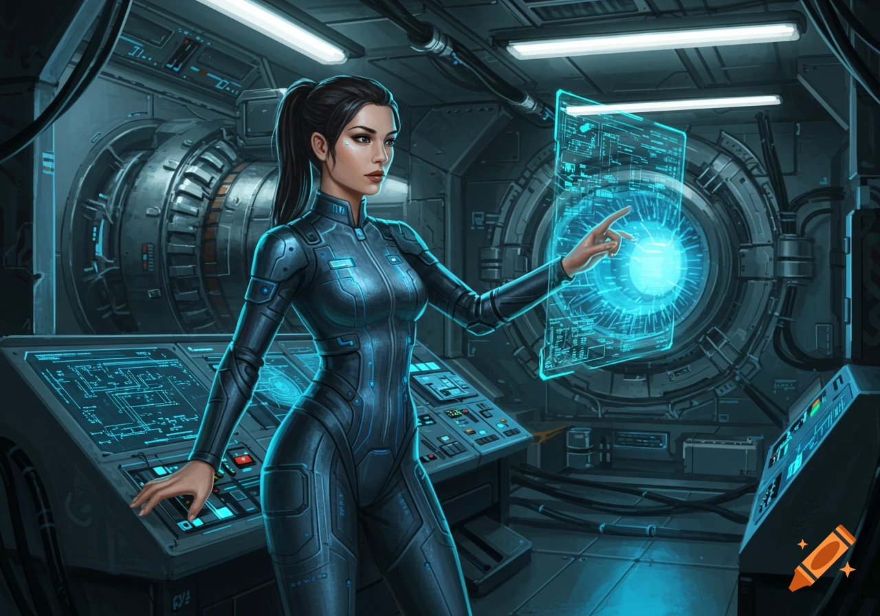 A female engineer in a futuristic suit interacts with a blue holographic interface in a sci-fi ...