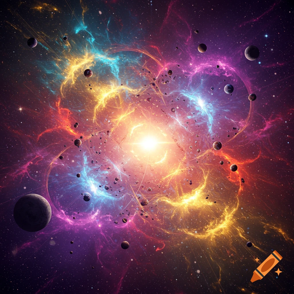 A dazzling bright star radiates light across a vibrant galaxy ...