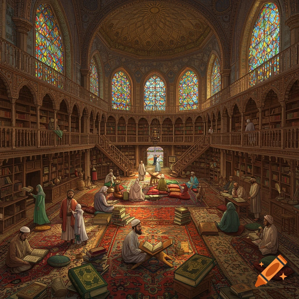 Ink drawing of an old man reading in a grand, gothic library with high windows and bookshelves ...