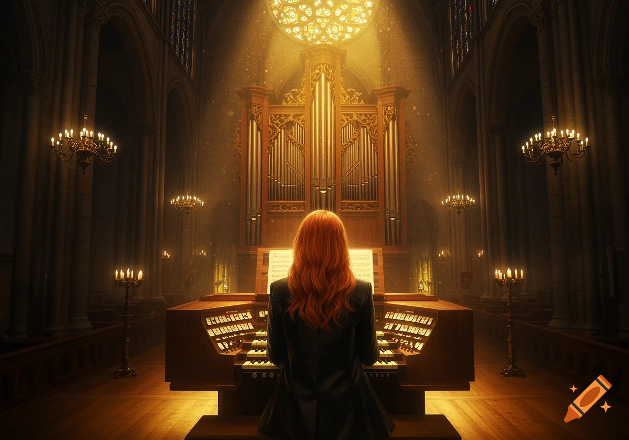 Rear view of a red-haired woman playing a large organ in a grand ...