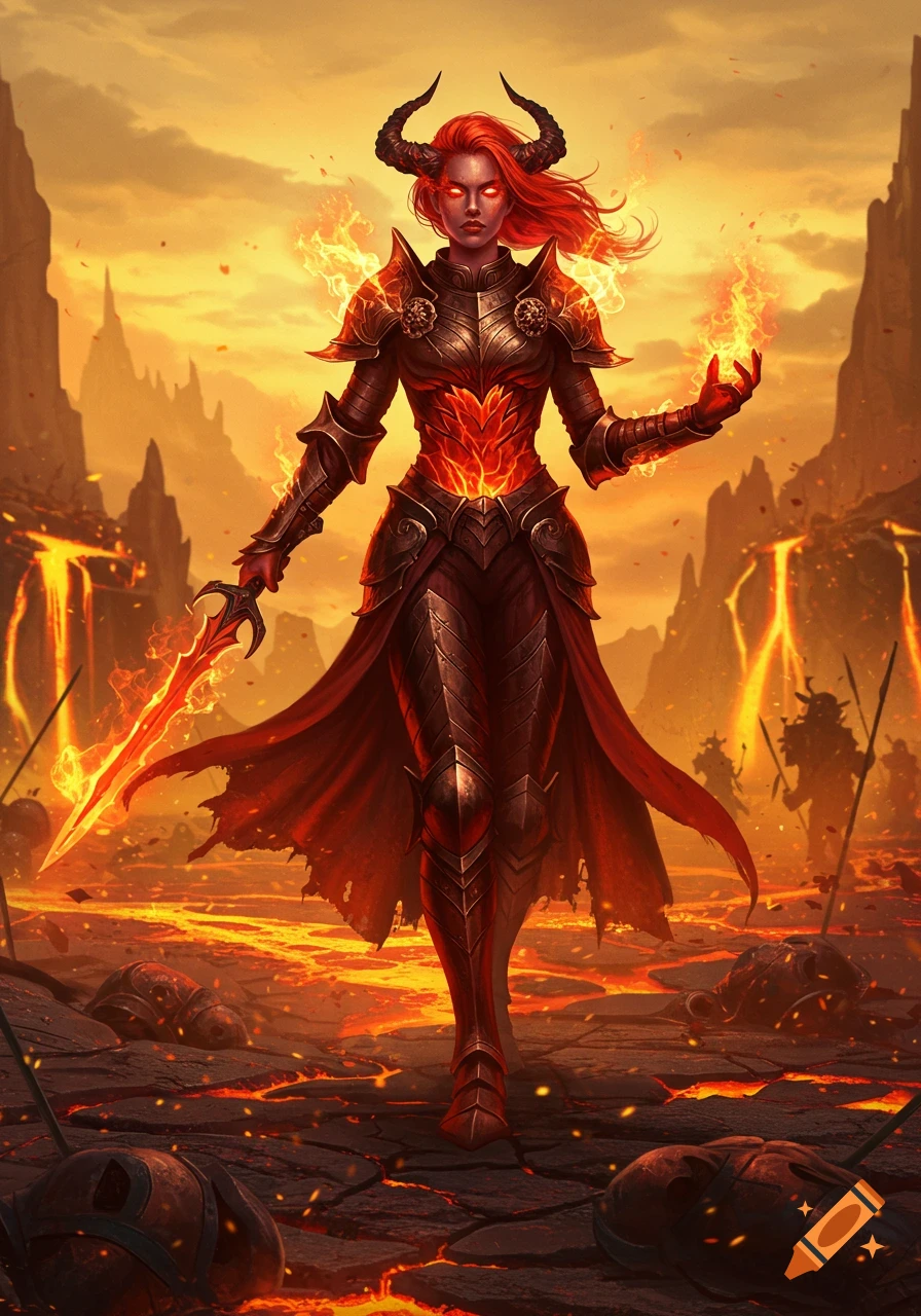 A fierce warrior woman in spiked armor stands on a burning battlefield ...