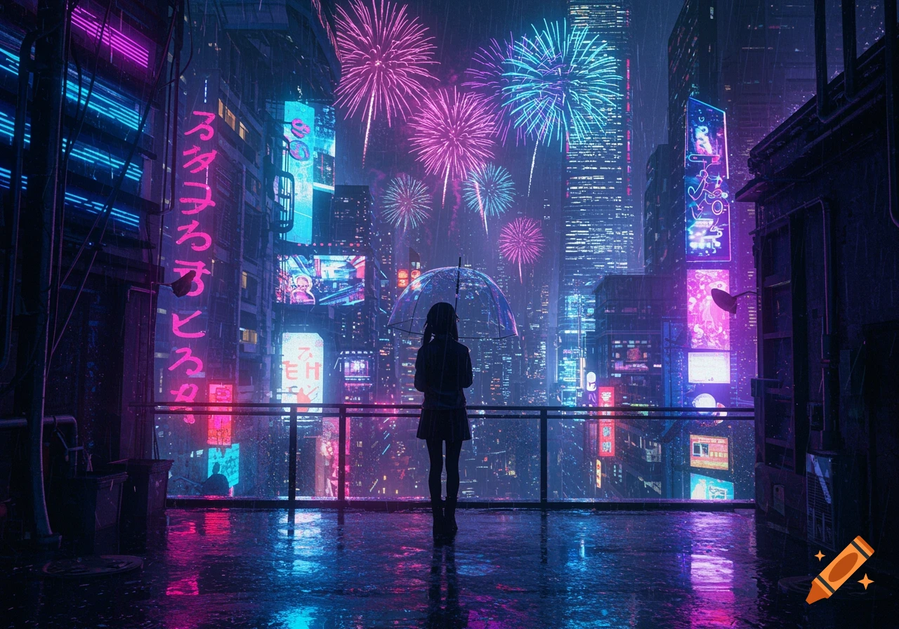 A silhouetted person holding a clear umbrella stands on a balcony ...