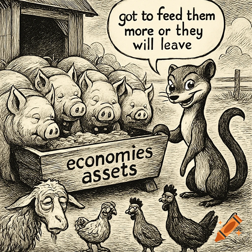 A black and white ink illustration shows a weasel talking to pigs ...