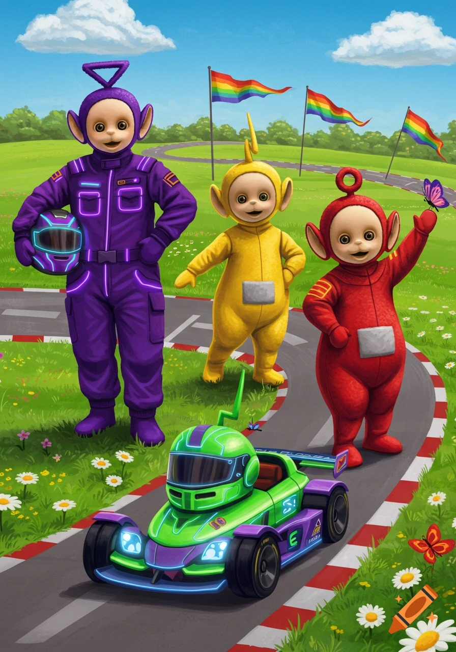 Purple, yellow, and red Teletubbies in racing suits stand by a green go ...