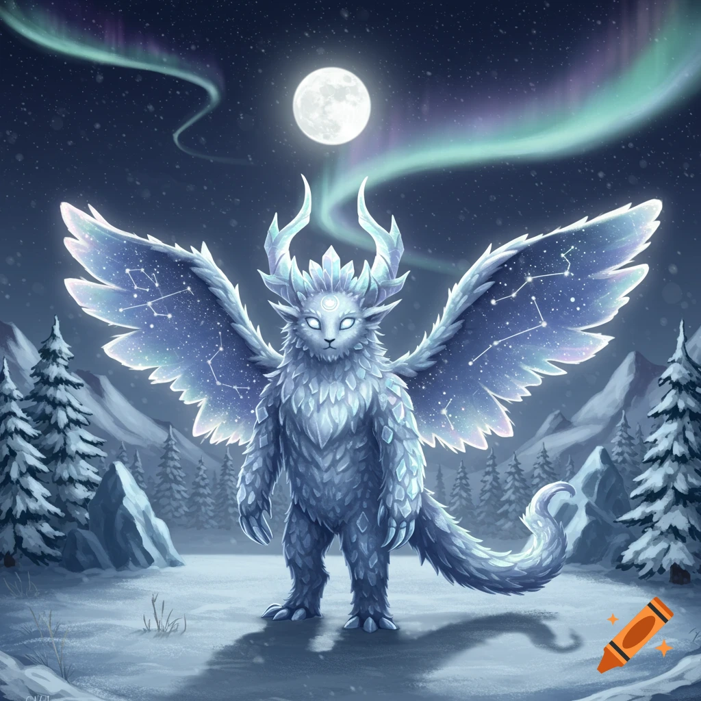 An icy fantasy creature with star-filled wings and glowing eyes stands ...