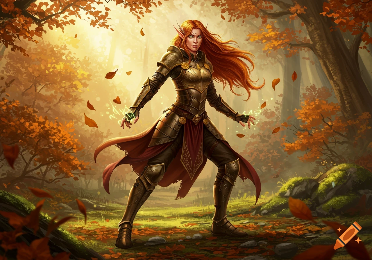 A red-haired female elf in golden armor with glowing green magic in an ...