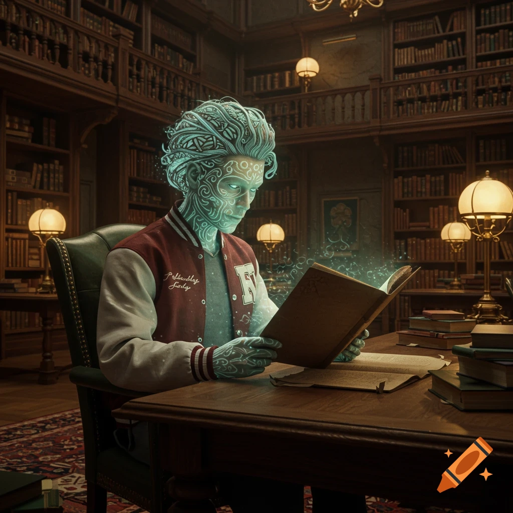 A glowing spectral student with Celtic knot patterns on their face and ...