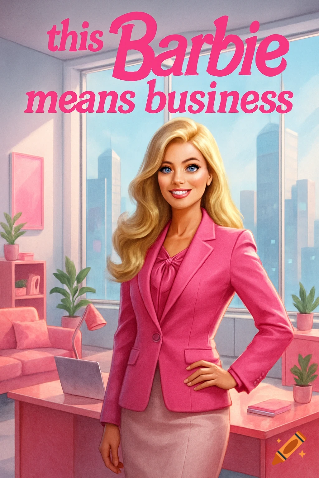 Illustrated Barbie doll in a pink business suit stands in a pink office ...