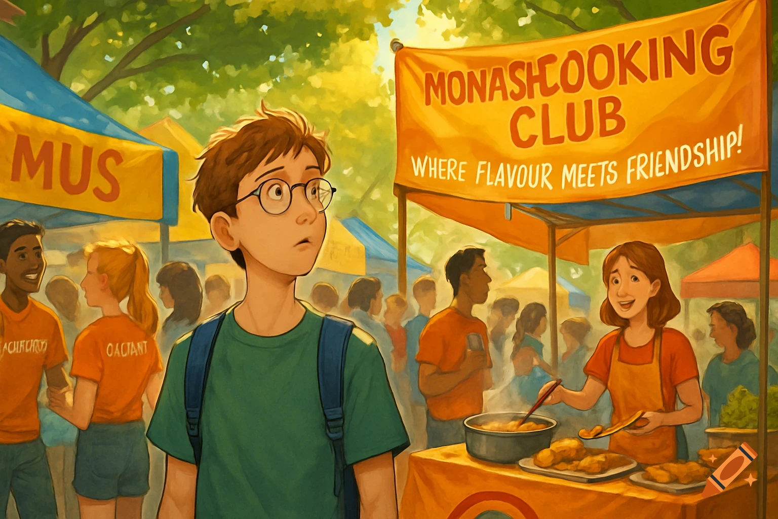 An illustrated scene of a college campus fair with a young man wearing ...